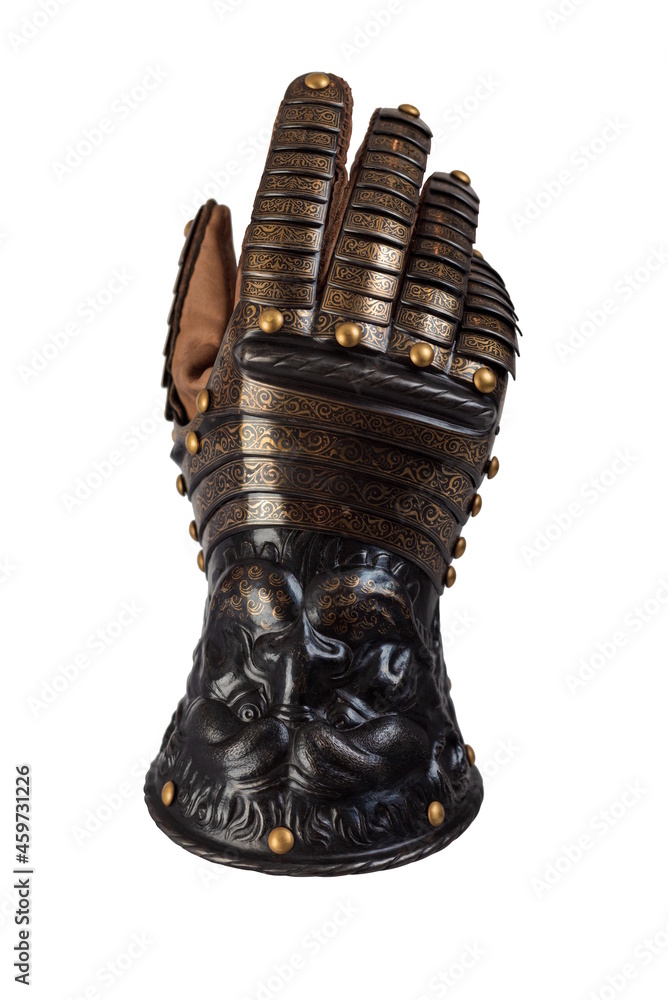 Medieval knightly brown plate gauntlet from Italian armor, in the form ...