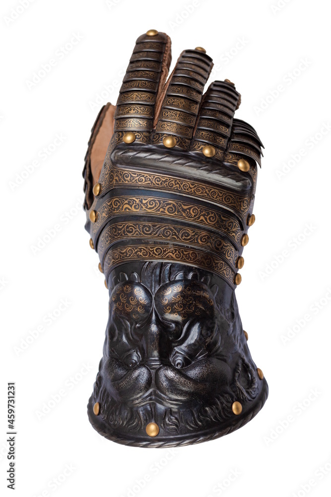 Medieval knightly brown plate gauntlet from Italian armor, in the form ...