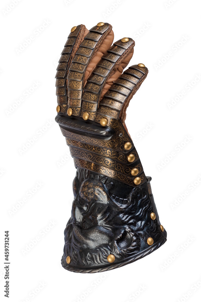 Medieval knightly brown plate gauntlet from Italian armor, in the form ...