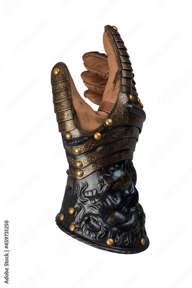 Medieval knightly brown plate gauntlet from Italian armor, in the form ...