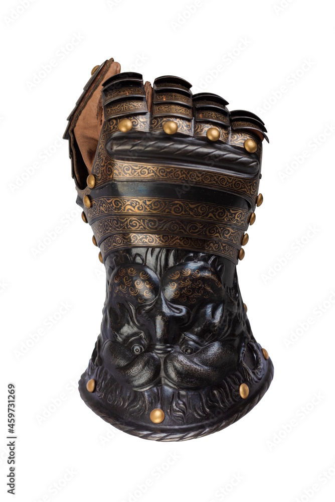 Medieval knightly brown plate gauntlet from Italian armor, in the form ...