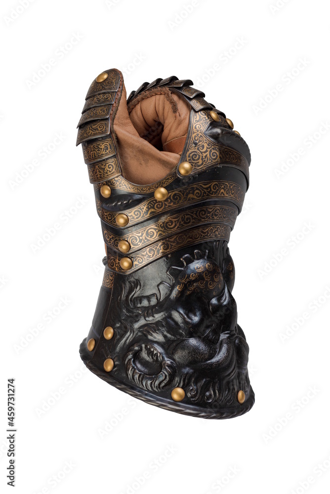 Medieval knightly brown plate gauntlet from Italian armor, in the form ...