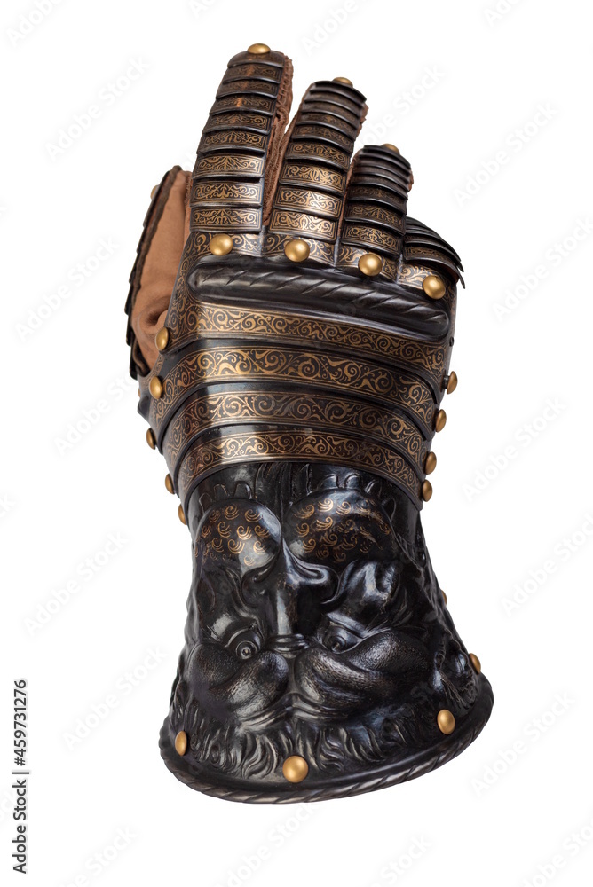 Medieval knightly brown plate gauntlet from Italian armor, in the form ...
