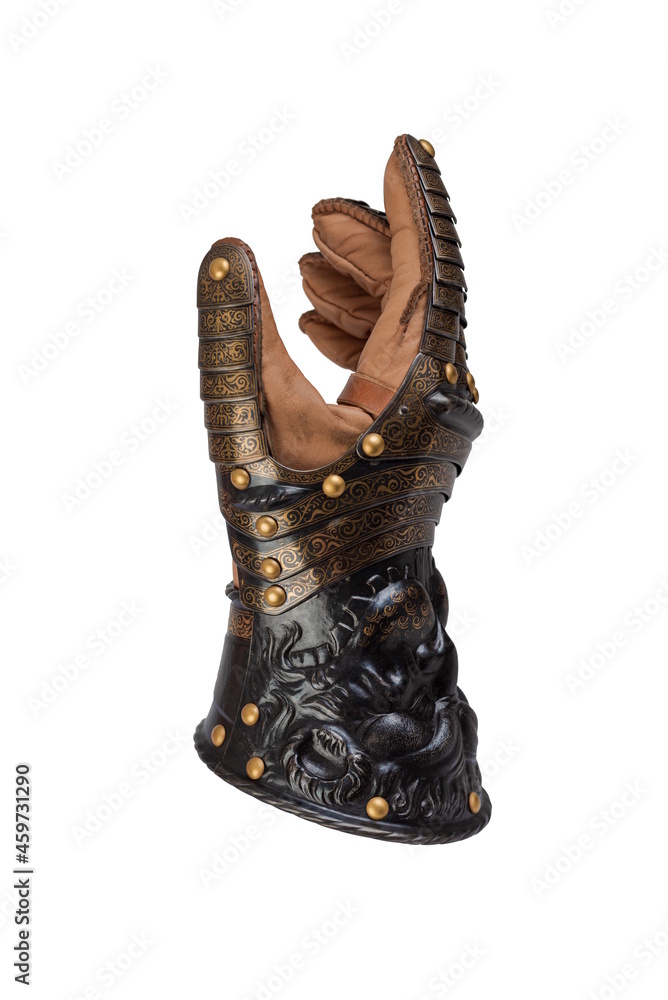 Medieval knightly brown plate gauntlet from Italian armor, in the form ...