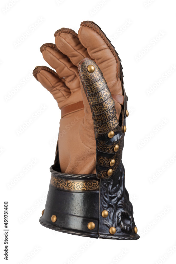 Medieval knightly brown plate gauntlet from Italian armor, in the form ...