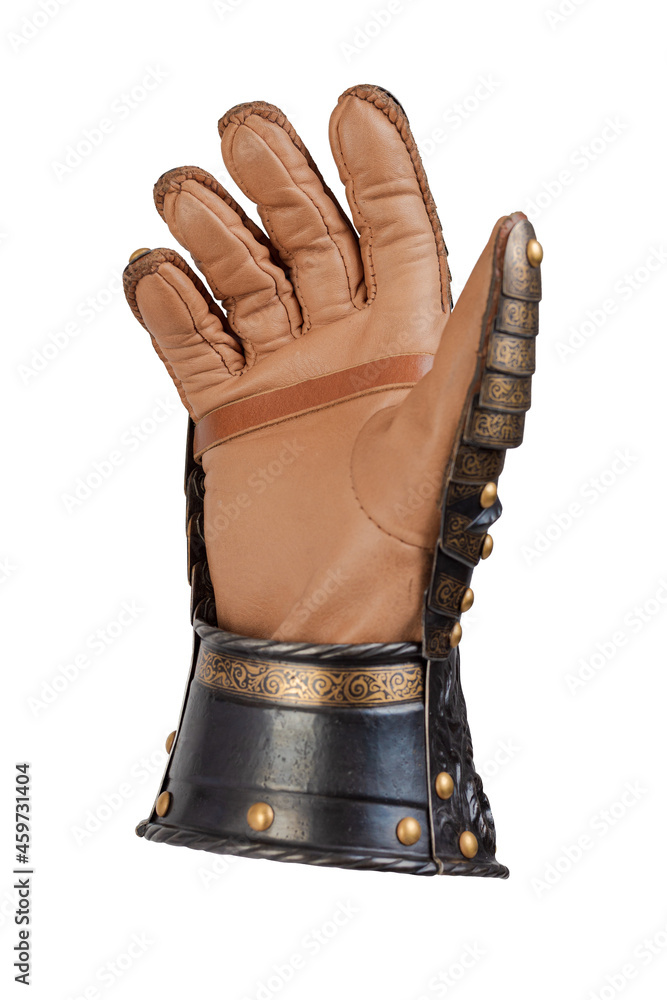 Medieval knightly brown plate gauntlet from Italian armor, in the form ...