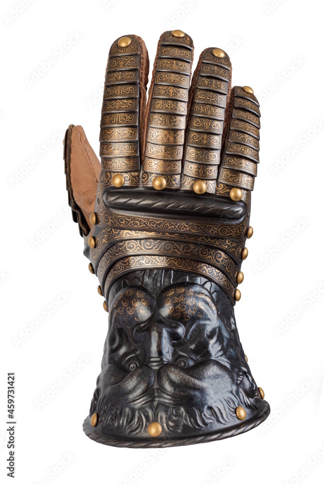 Medieval knightly brown plate gauntlet from Italian armor, in the form ...
