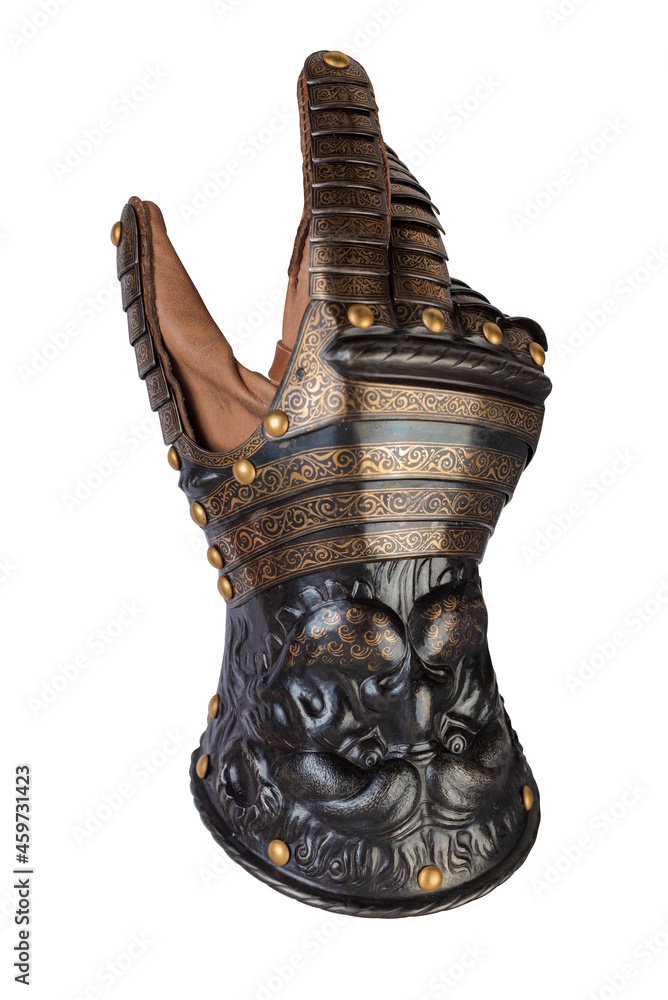 Medieval knightly brown plate gauntlet from Italian armor, in the form ...