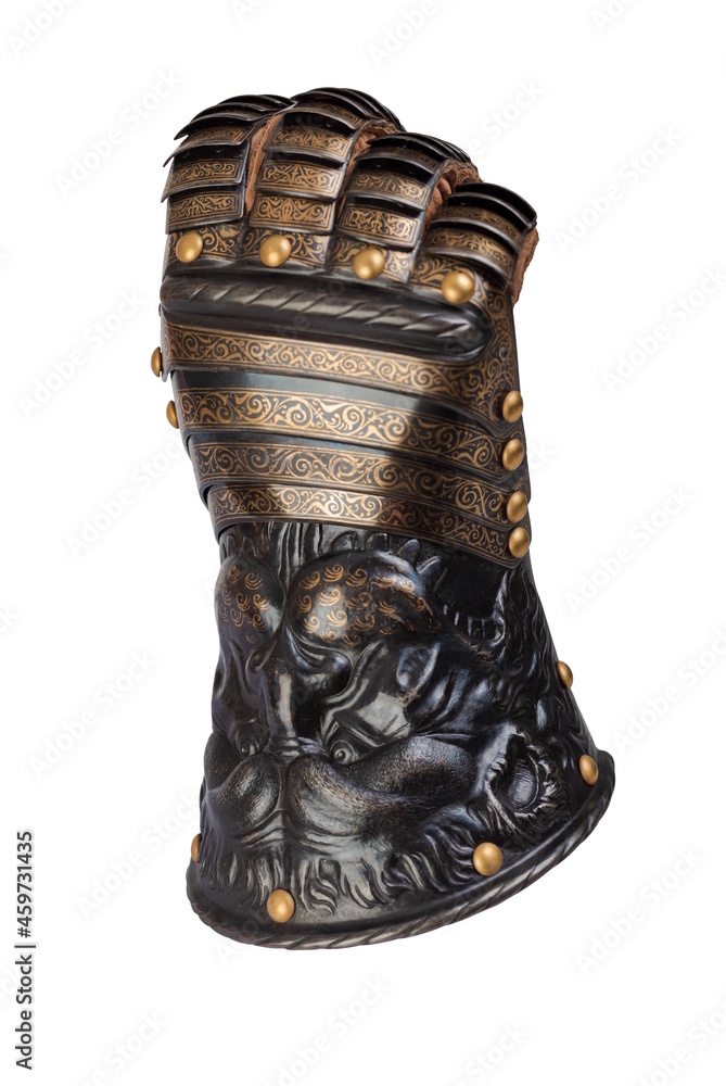 Medieval knightly brown plate gauntlet from Italian armor, in the form ...