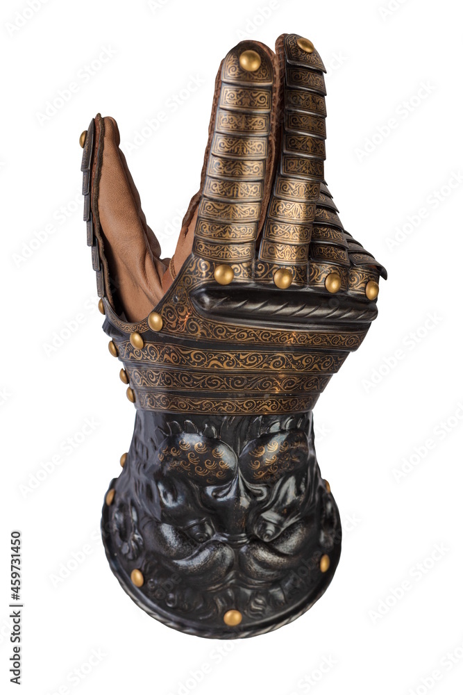 Medieval knightly brown plate gauntlet from Italian armor, in the form ...