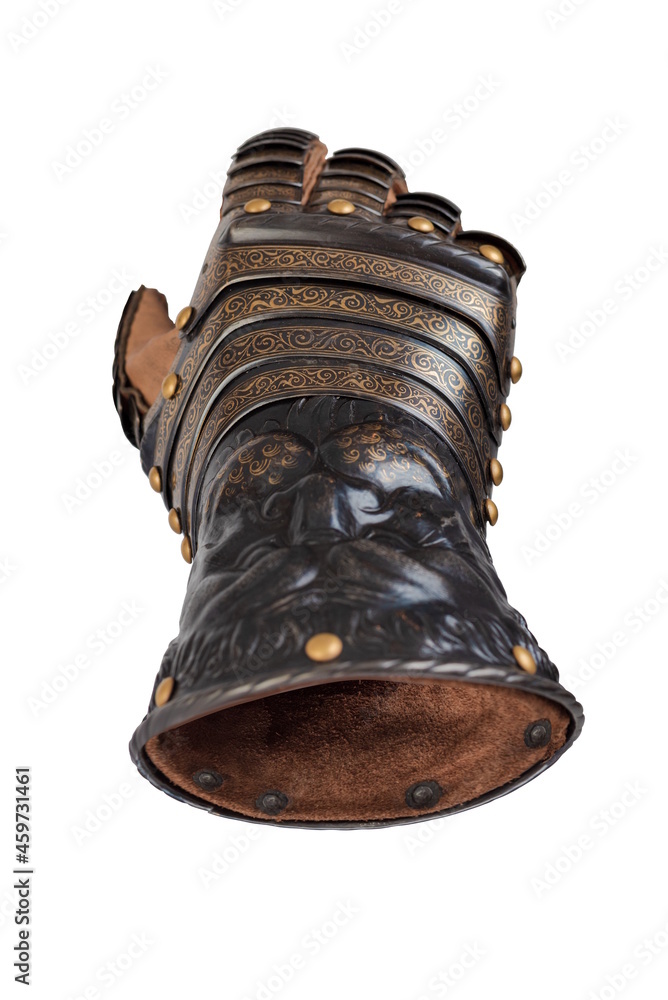 Medieval knightly brown plate gauntlet from Italian armor, in the form ...