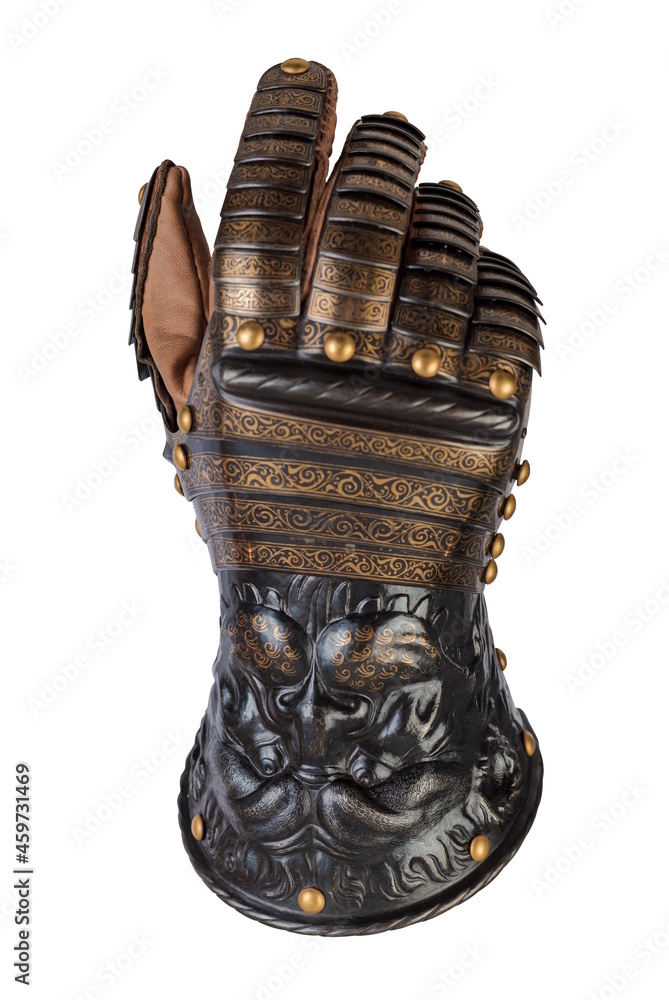 Medieval knightly brown plate gauntlet from Italian armor, in the form ...