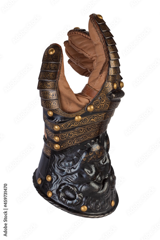 Medieval knightly brown plate gauntlet from Italian armor, in the form ...