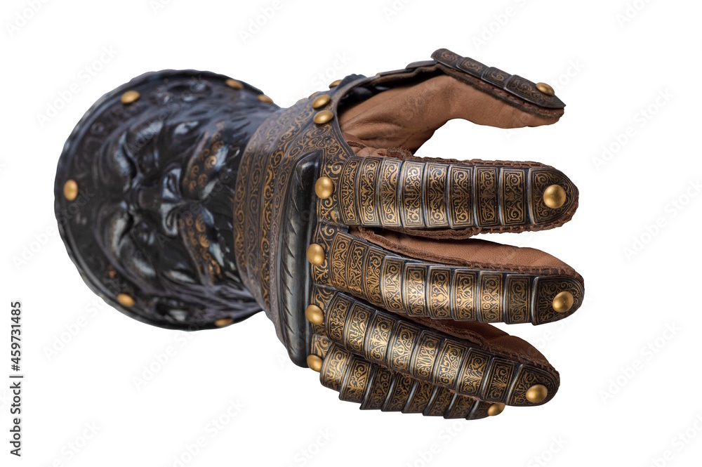 Medieval knightly brown plate gauntlet from Italian armor, in the form ...