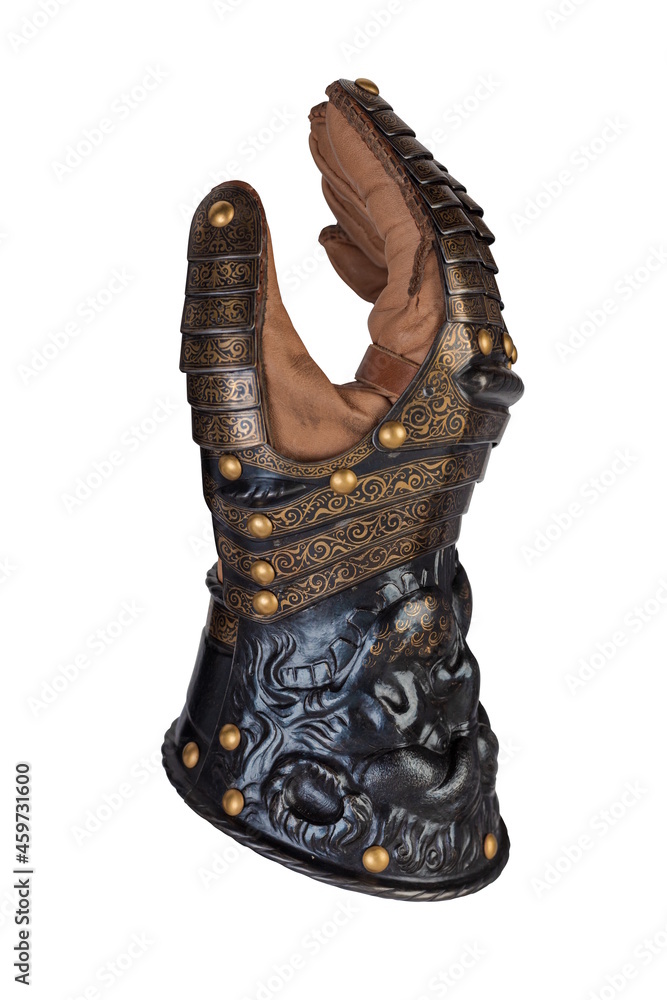 Medieval knightly brown plate gauntlet from Italian armor, in the form ...