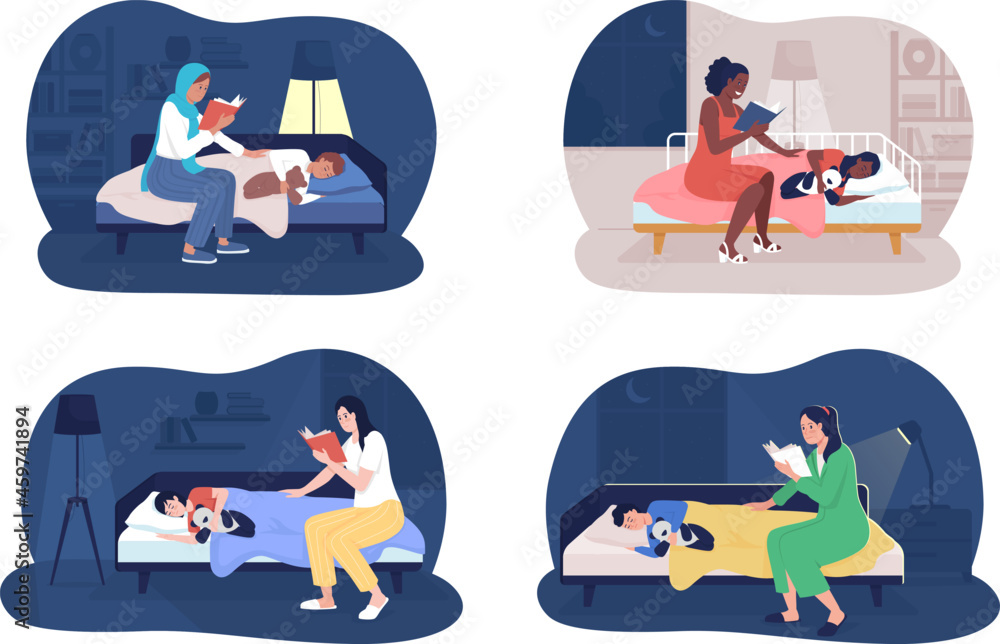 Bedtime story 2D vector isolated illustration set. Mother reading book ...