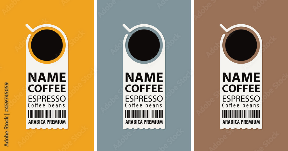 Set of three coffee labels on different colors background. Vector ...