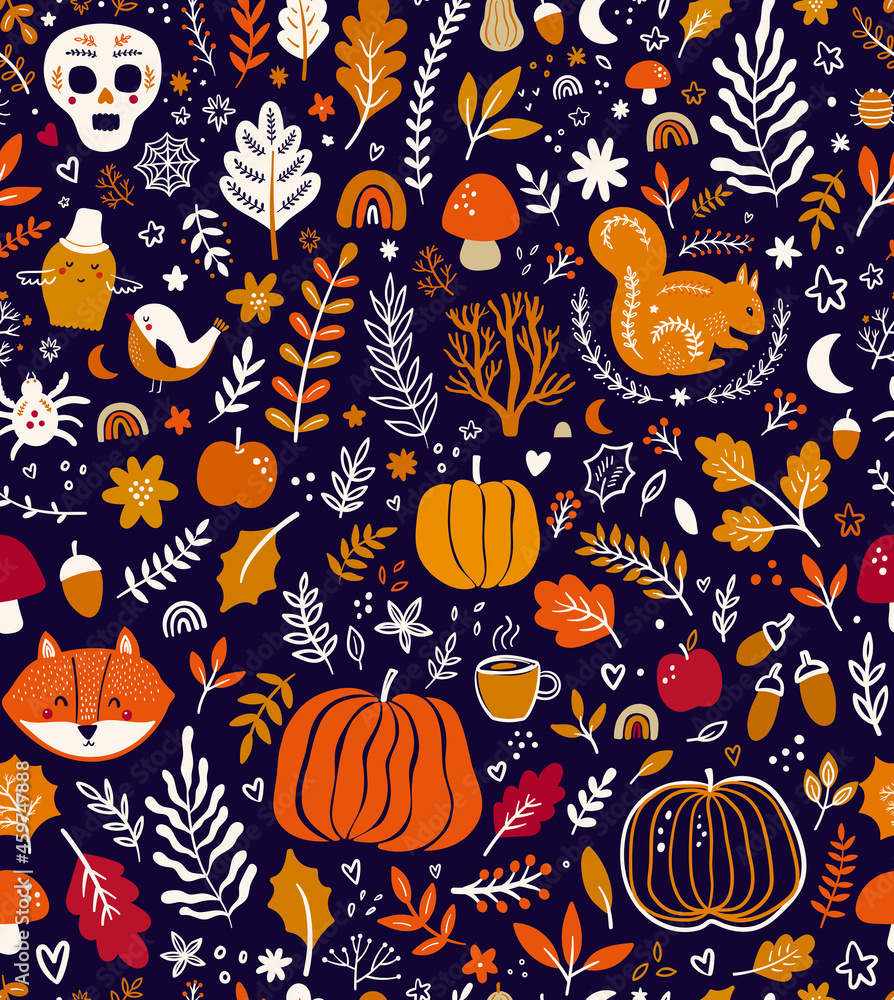 Autumn seamless pattern with pumpkins, leaves, animals and halloween ...