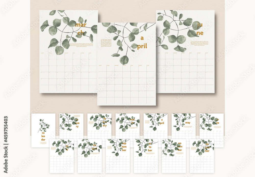 2022 Calendar with Eucalyptus Illustrations Stock Template | Adobe Stock