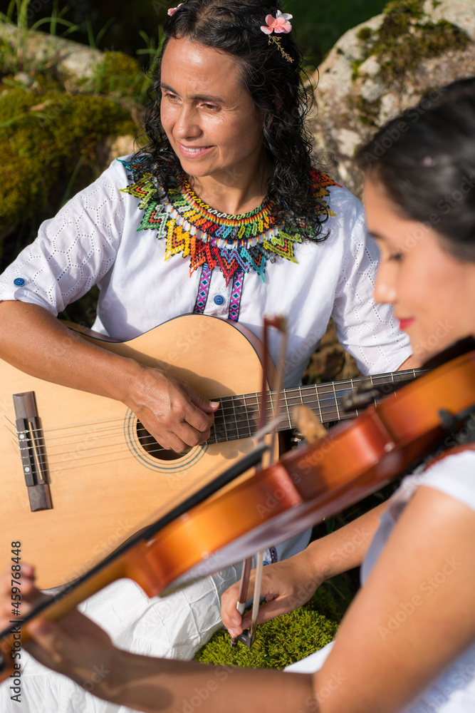 Women playing instruments outdoors. music in nature, violin and guitar ...