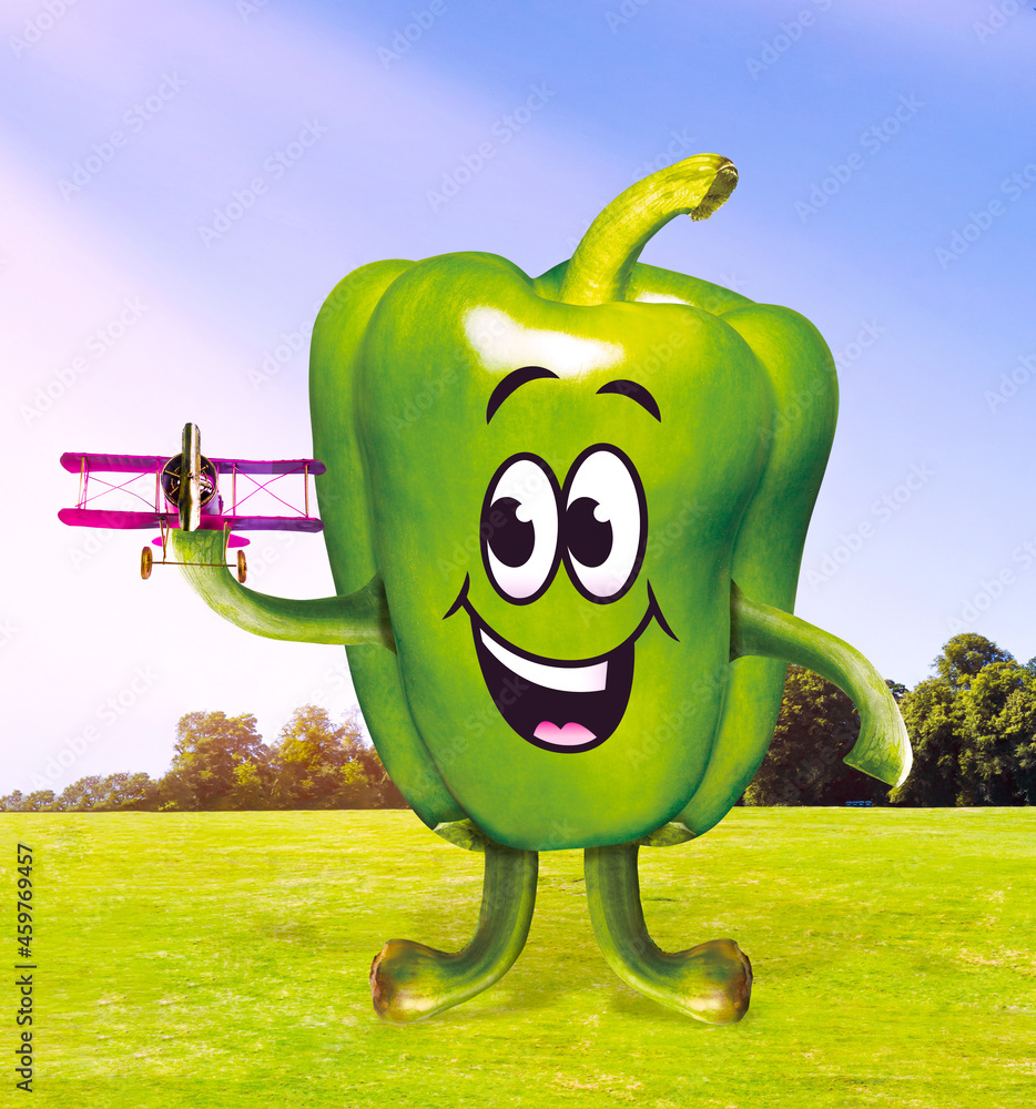 Green pepper dummy toy with plane. Fun activities. Photo manipulation ...