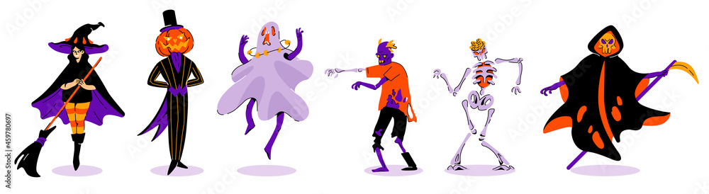 Halloween monsters set. Costumes. Creepy and funny monsters on a white ...