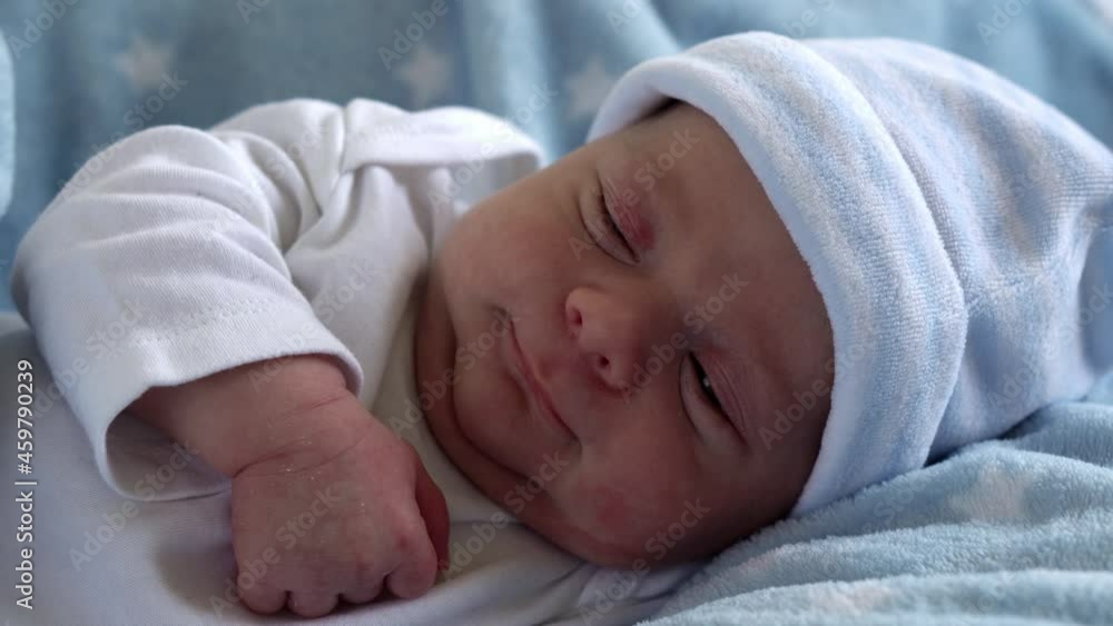Newborn Baby Face Portrait Early Days in Macro Waking Up And Open Eyes ...