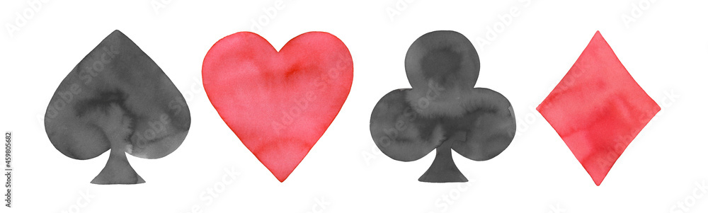 Watercolor illustration set of playing cards suits: spades, hearts ...