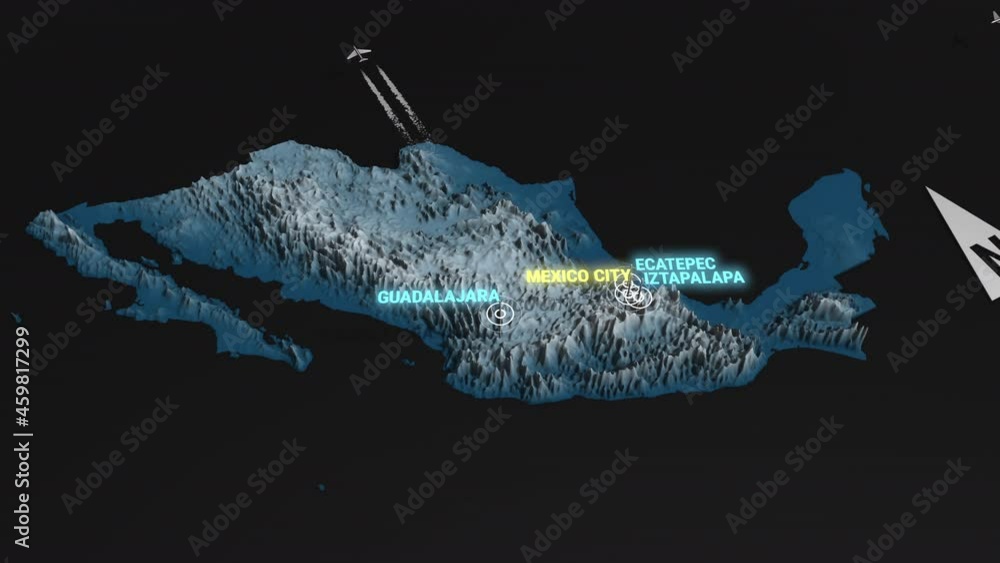 Seamless looping animation of the 3d terrain map at nighttime of Mexico ...