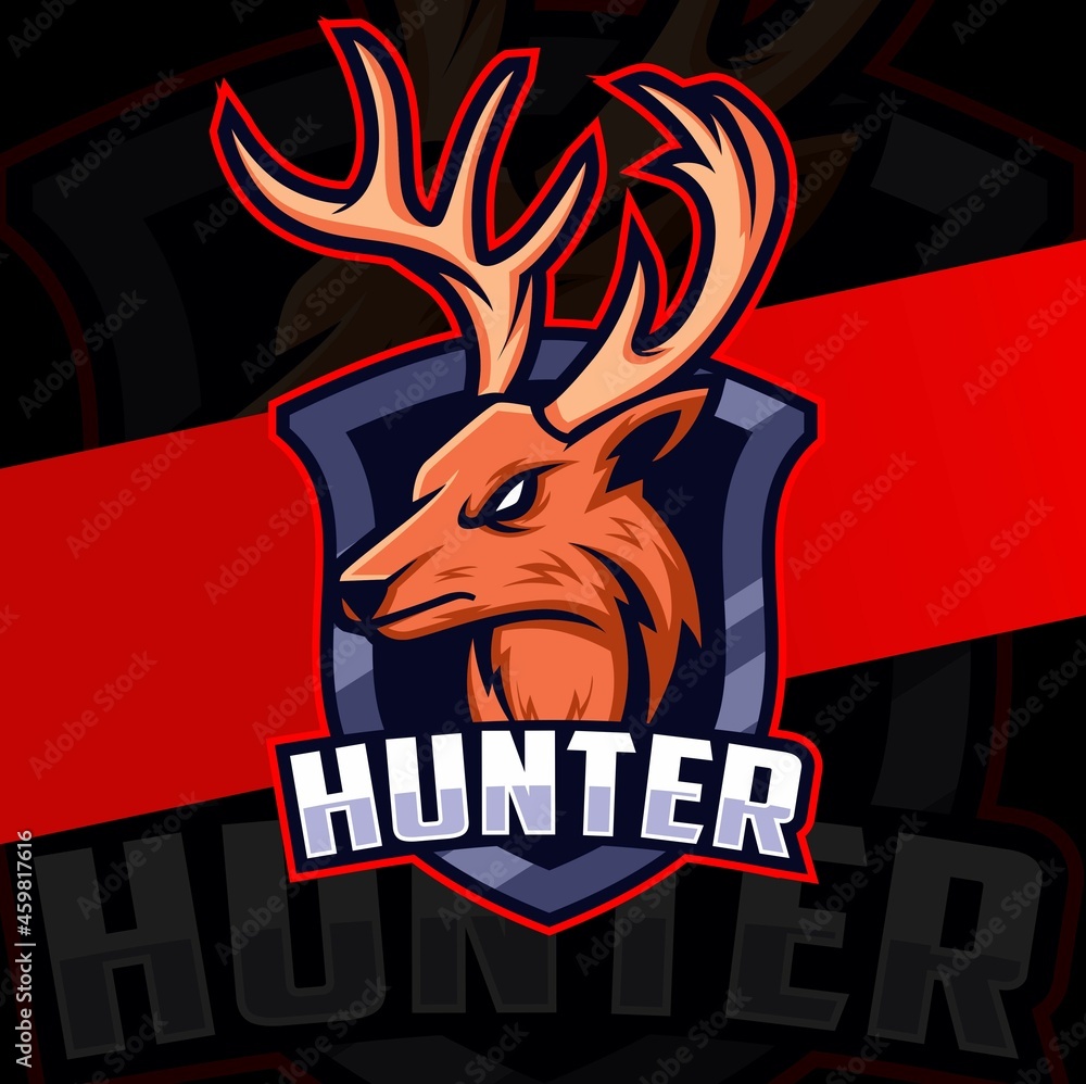hunter deer head mascot character logo design with badge for hunter ...