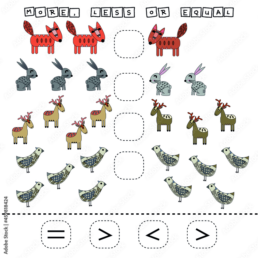Which is greater, less or equal game with funny deer, foxes, birds ...