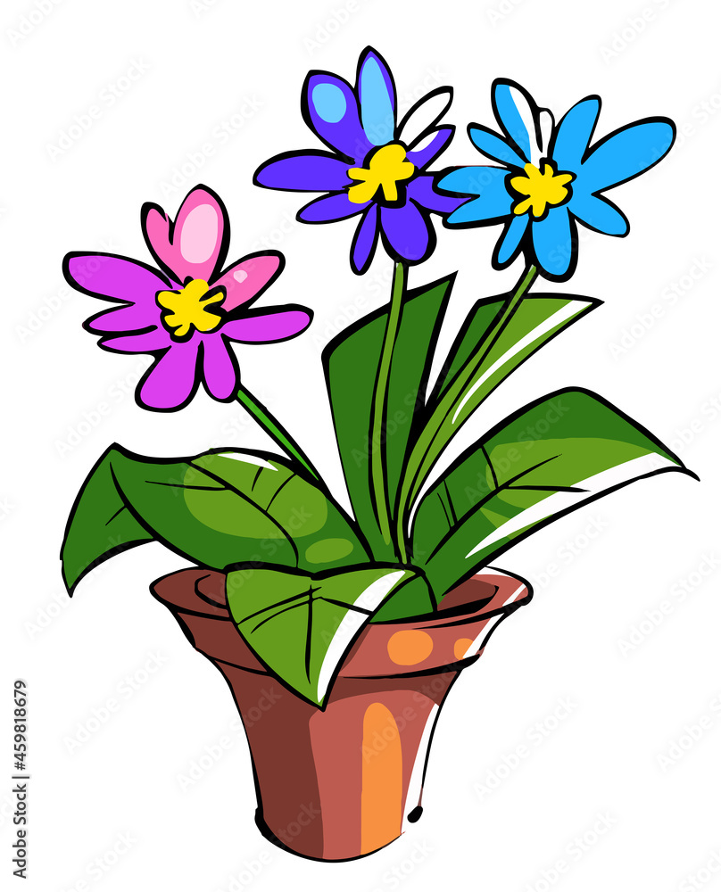 Cartoon illustration of a flower in a pot. Illustration three flowers ...