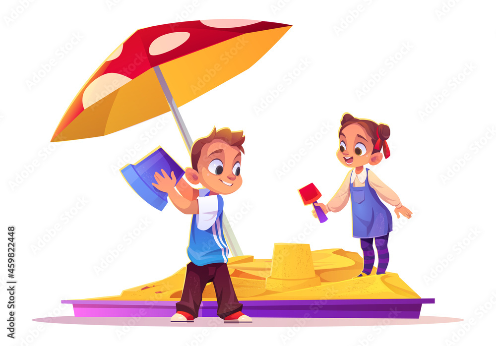 Children playing in sand box, little boy and girl building castle in ...