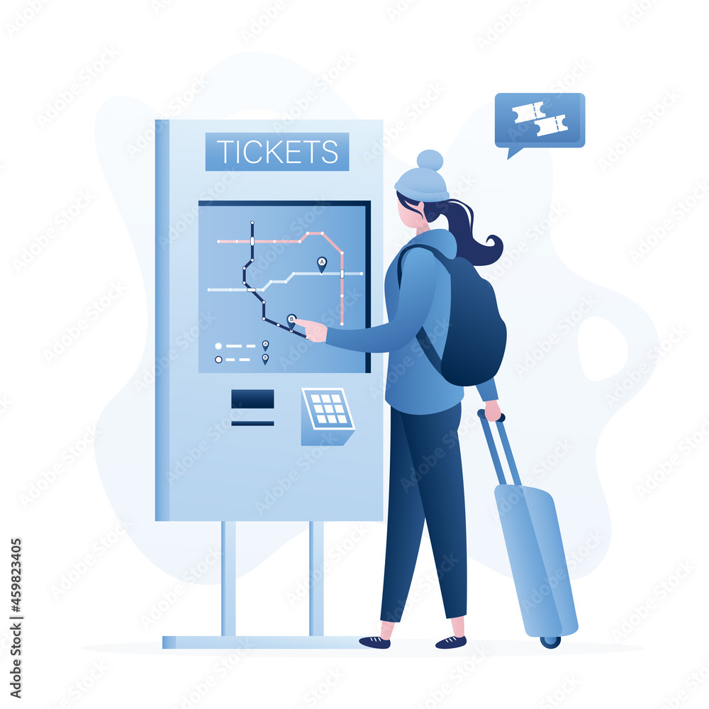Woman tourist buys bus or metro ticket through terminal. Female ...