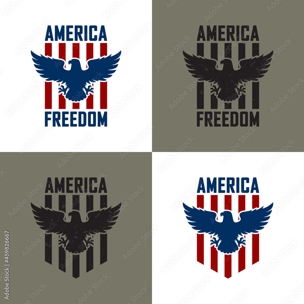Set of color illustrations of eagle, text and flag on the background ...