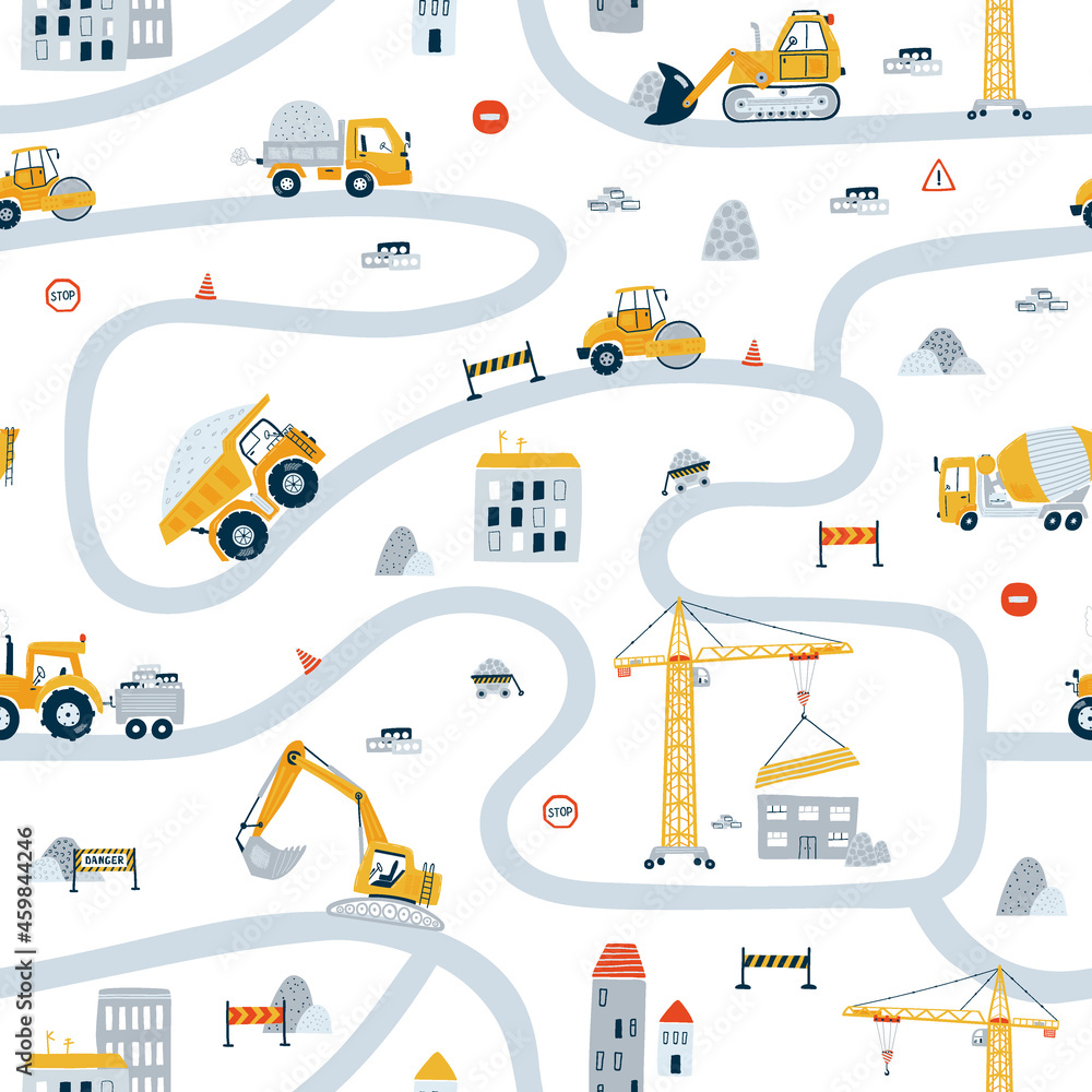 Cute children's seamless pattern with yellow car dump truck, crane ...