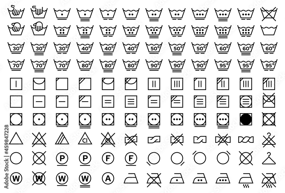 Flat linear design. A set of symbols for the care of textiles. Labeling ...