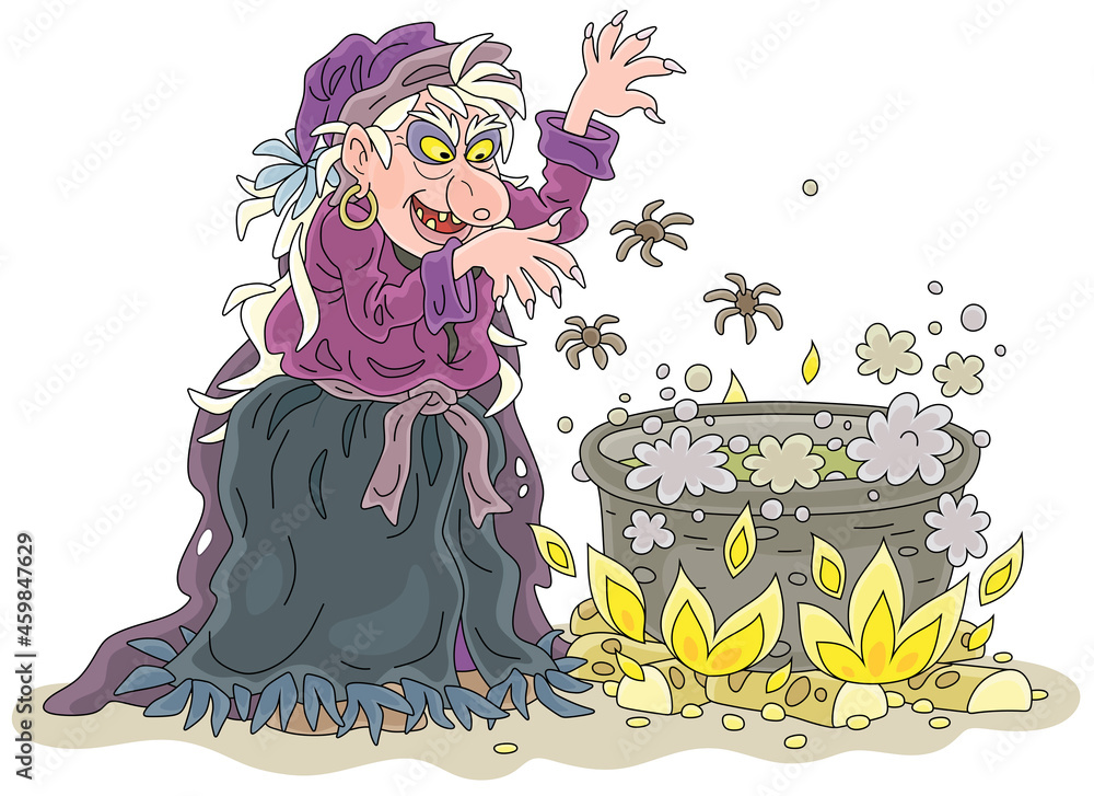 Vecteur Stock Angry hag whispering diabolical spells and preparing a ...