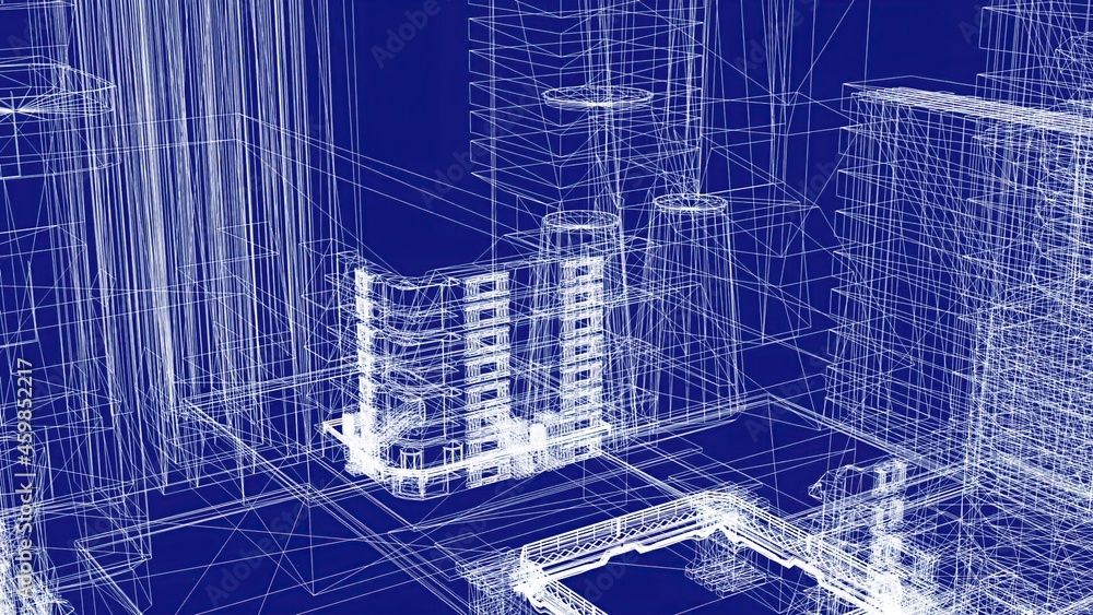3d illustration - Technical Drawing of floor design being drawn with ...