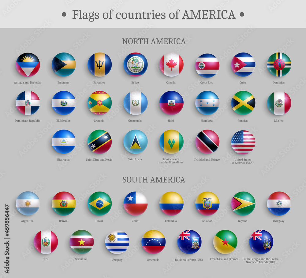 Vetor de Flags of countries of America round shape badges set. North ...