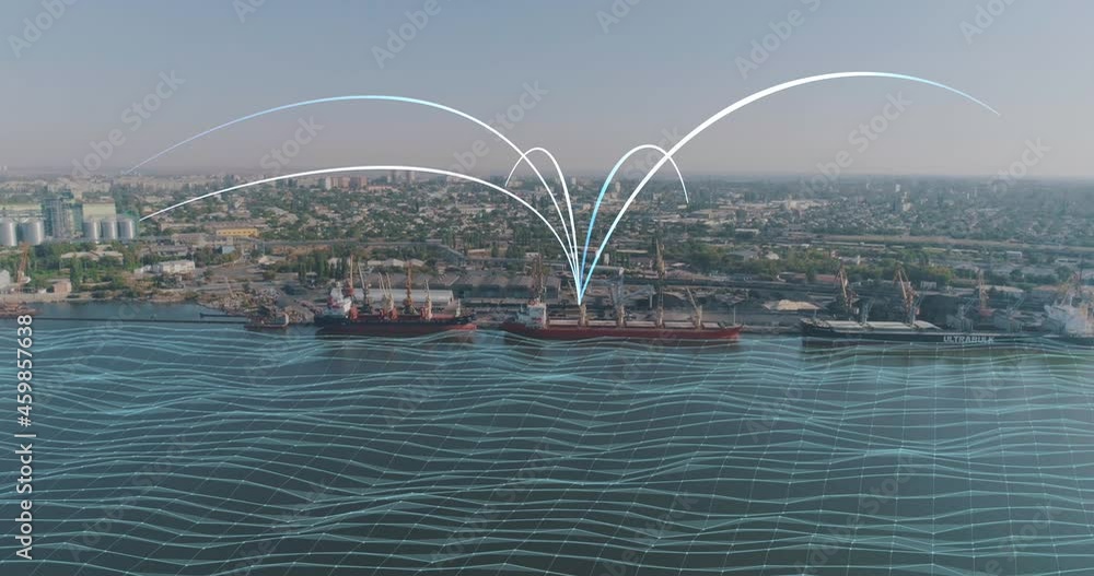 Visualization of Information Global Network. Seaport with cargo ships ...