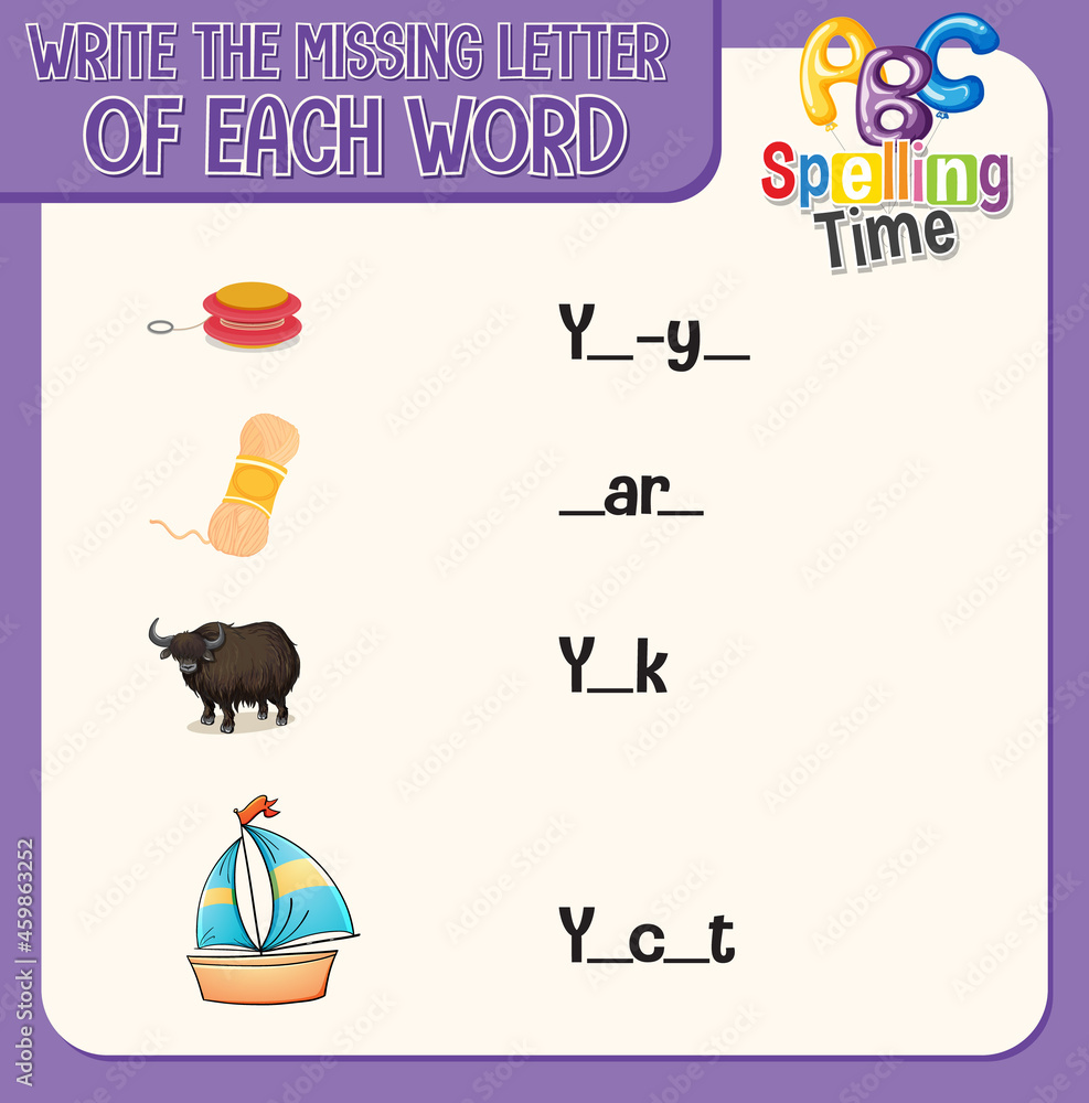 Write the missing letter of each word worksheet for children Stock ...