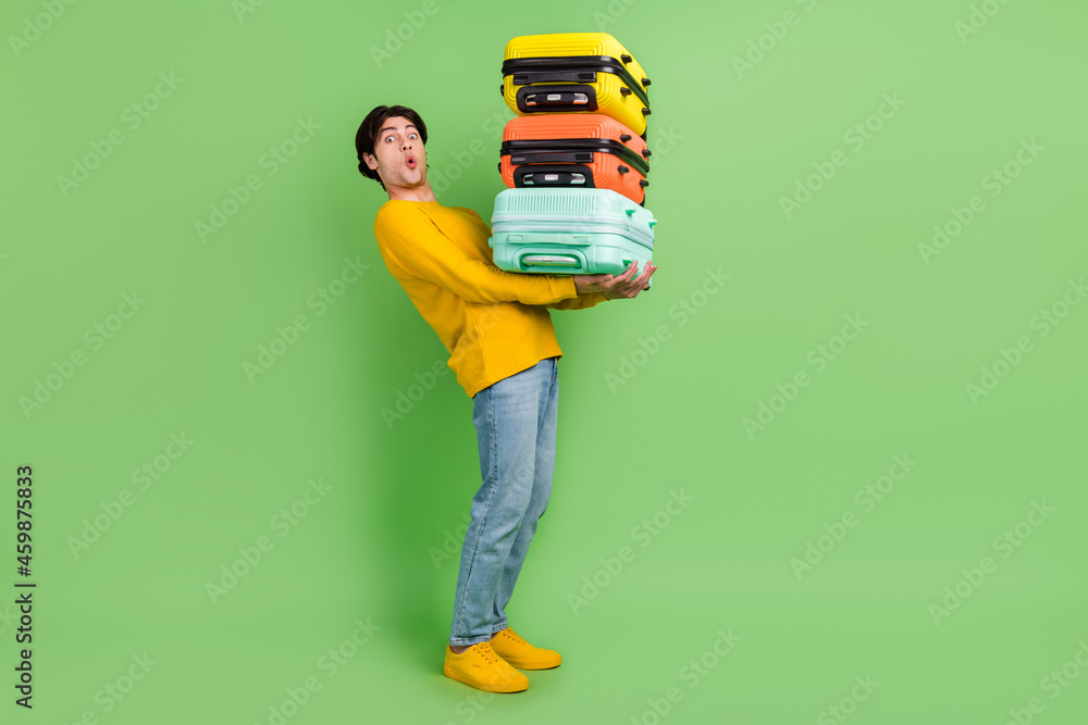 Full length body size photo man keeping suitcases amazed isolated ...
