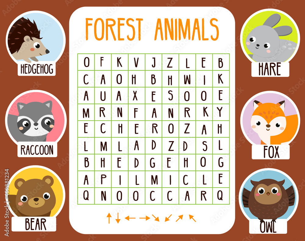 Educational game for children. Word search puzzle. Learn forest animals ...