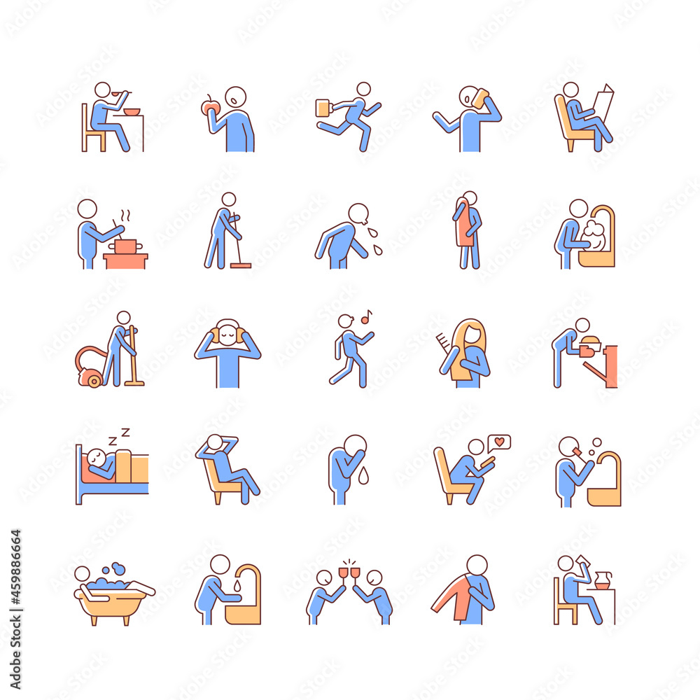 Human behaviour RGB color icons set. Activities of daily living ...