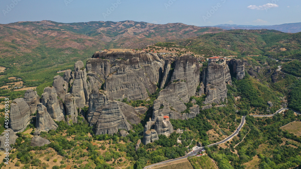 Aerial drone photo of iconic Meteora rock formation complex of immense ...