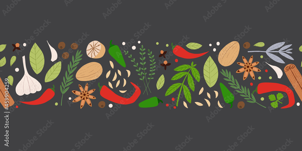 Spices and herbs seamless border. Flat hand drawn cooking ingredients ...