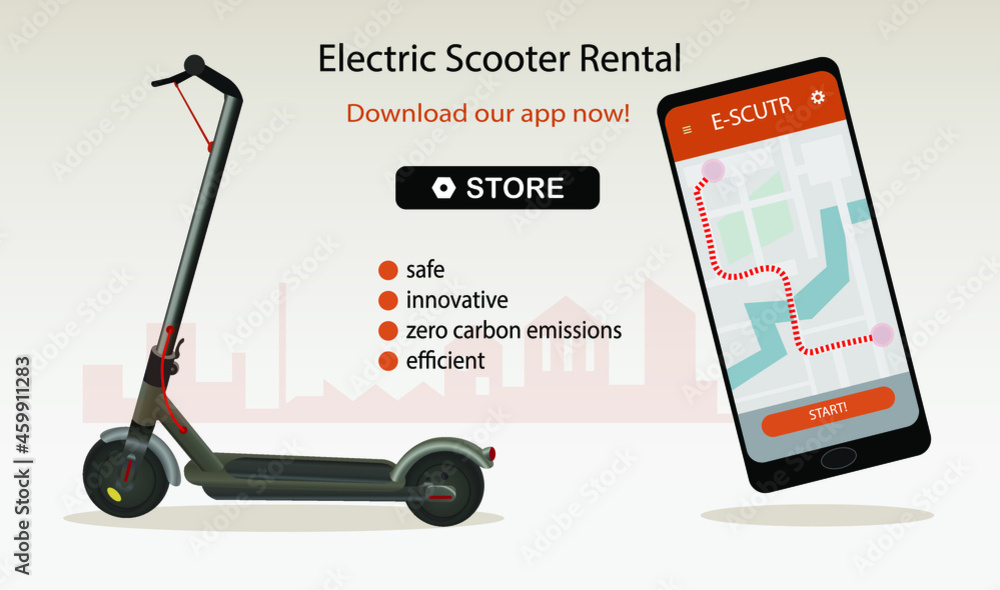 Electric scooter rental mobile app concept. Internet advertisement mock ...
