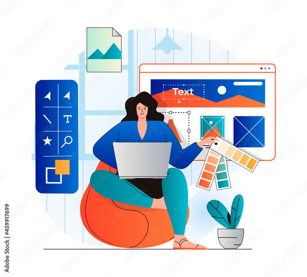 Design studio concept in modern flat design. Woman designer select ...