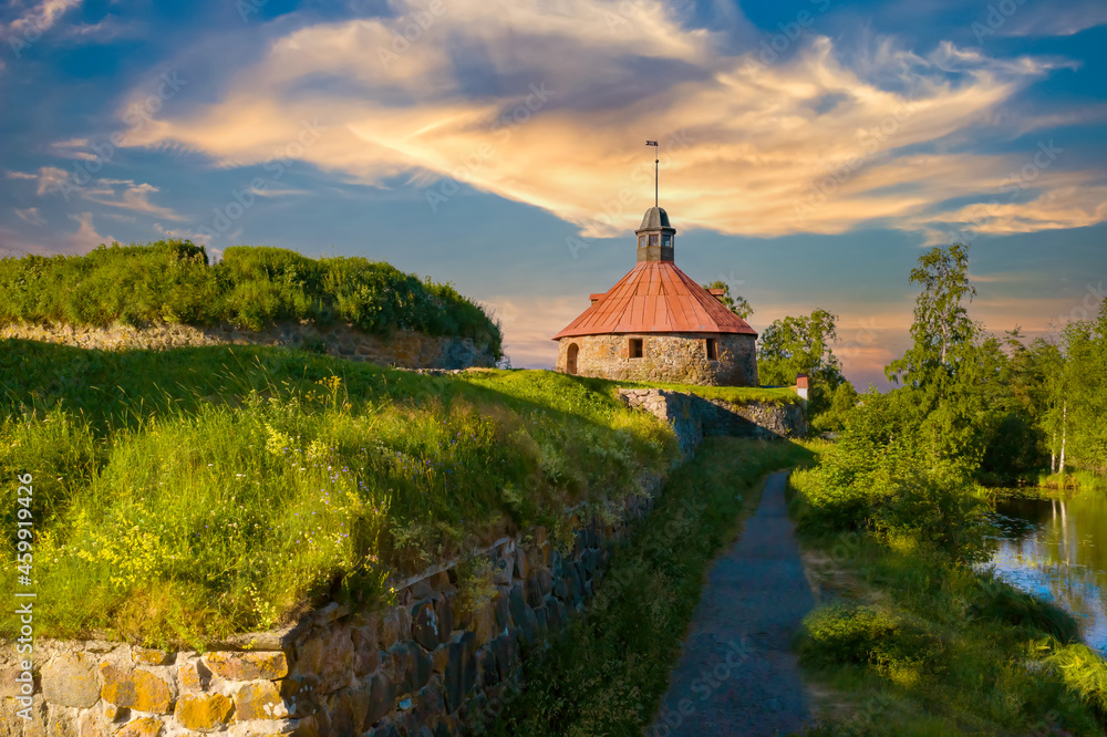 Sunset in Karelia. Russia landmarks. Fortress Korela at sunset. Nature ...